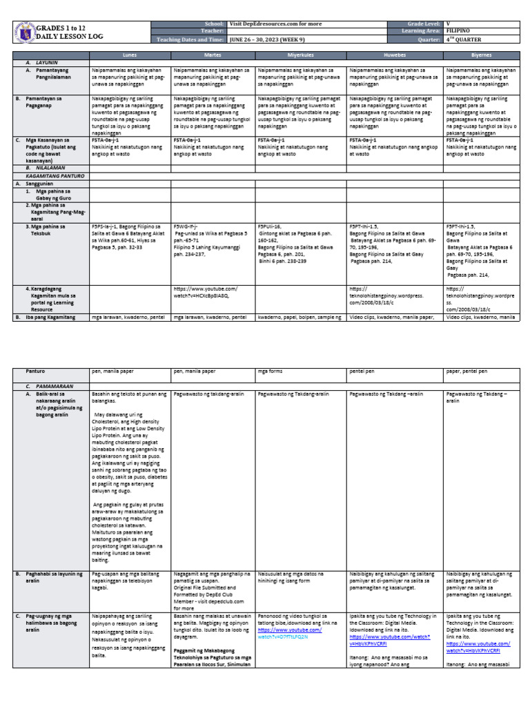 DLL - Filipino 5 - Q4 - W9 | PDF