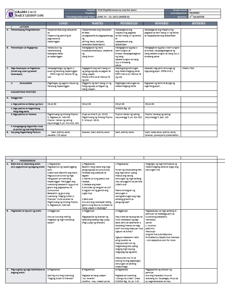 DLL - Filipino 5 - Q4 - W8 | PDF
