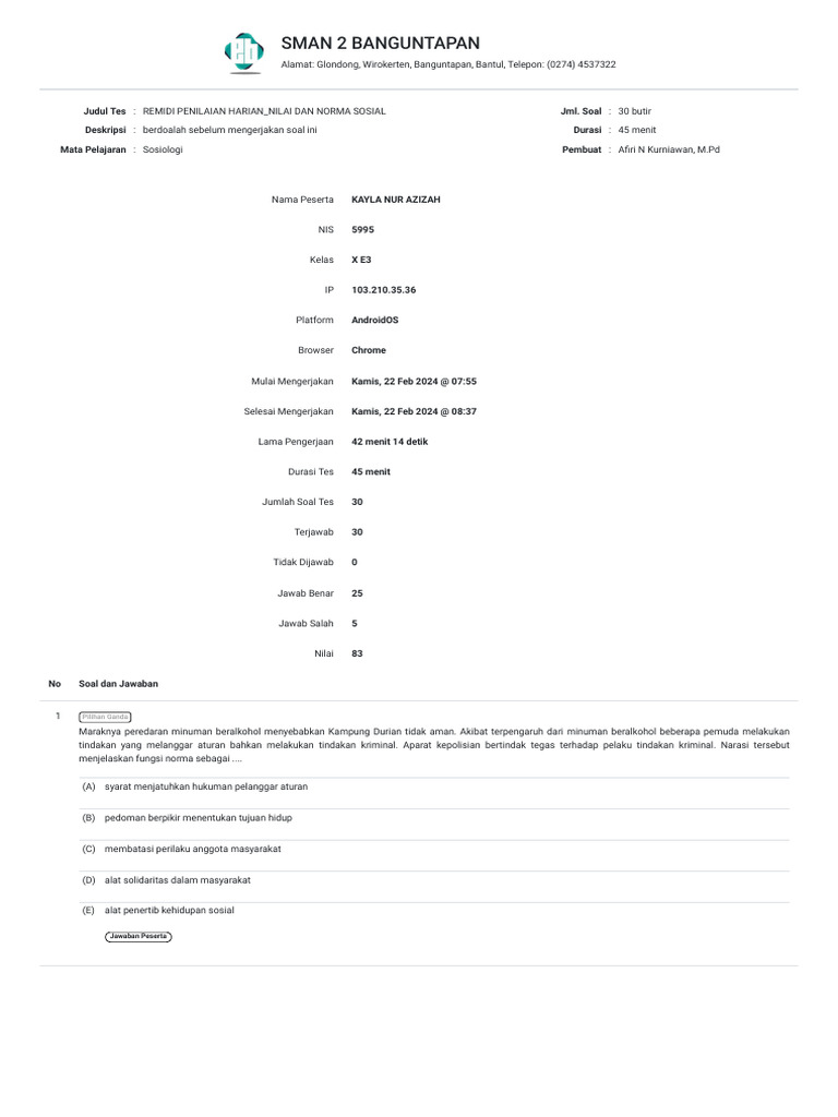 Detail Peserta Tes - SMAN 2 BANGUNTAPAN | PDF