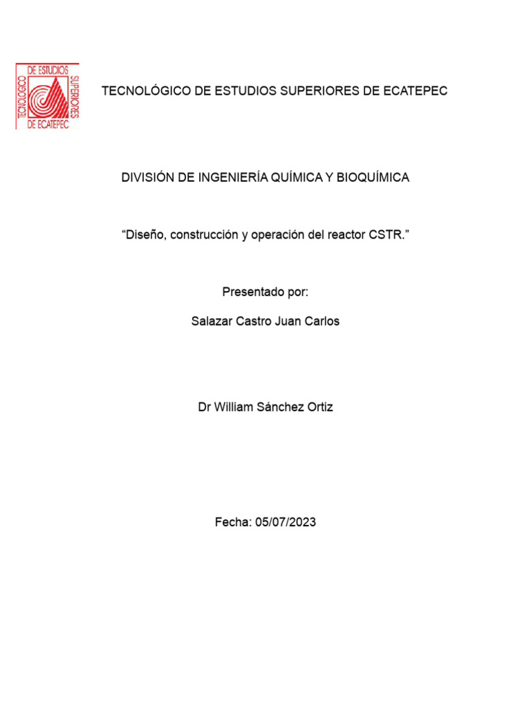 Reactores CSTR | PDF | Reactor Quimico | Velocidad de reacción