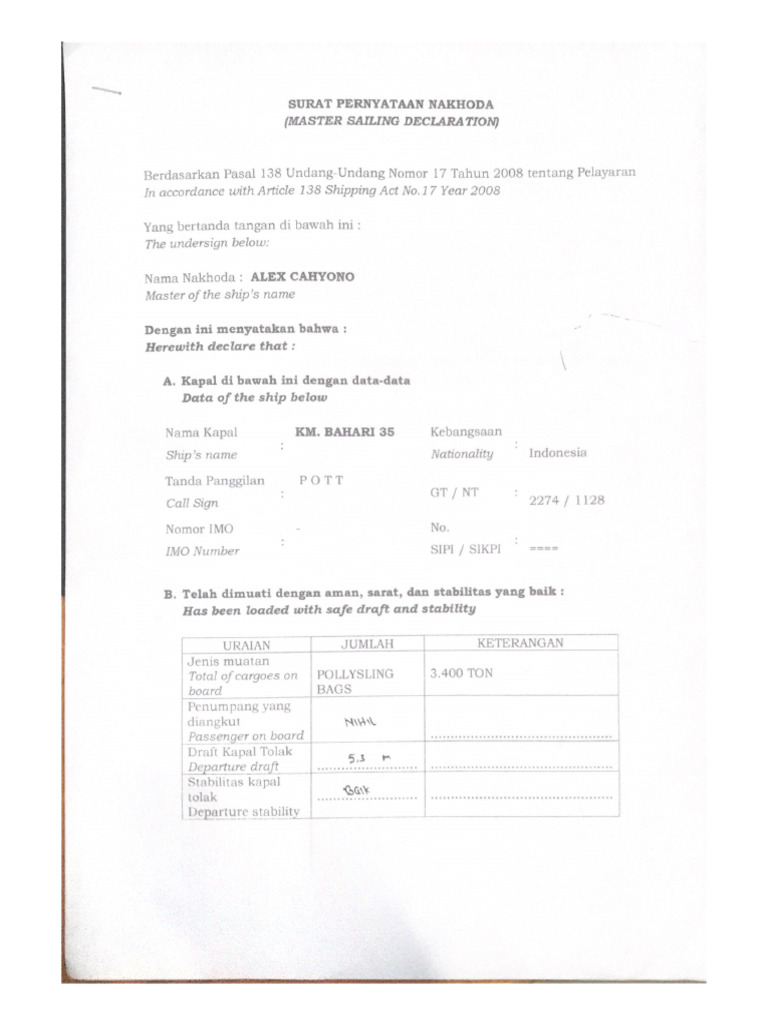 Surat Pernyataan Nakhoda | PDF