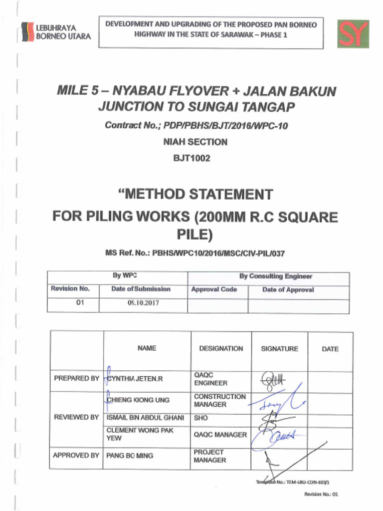 Method Statement For Piliing Work (200MM RC Square Pile) | PDF
