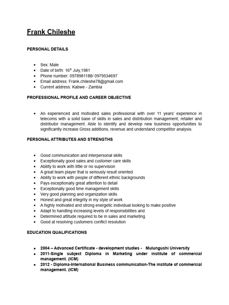 Frank Chileshe CV | PDF | Sales | Retail