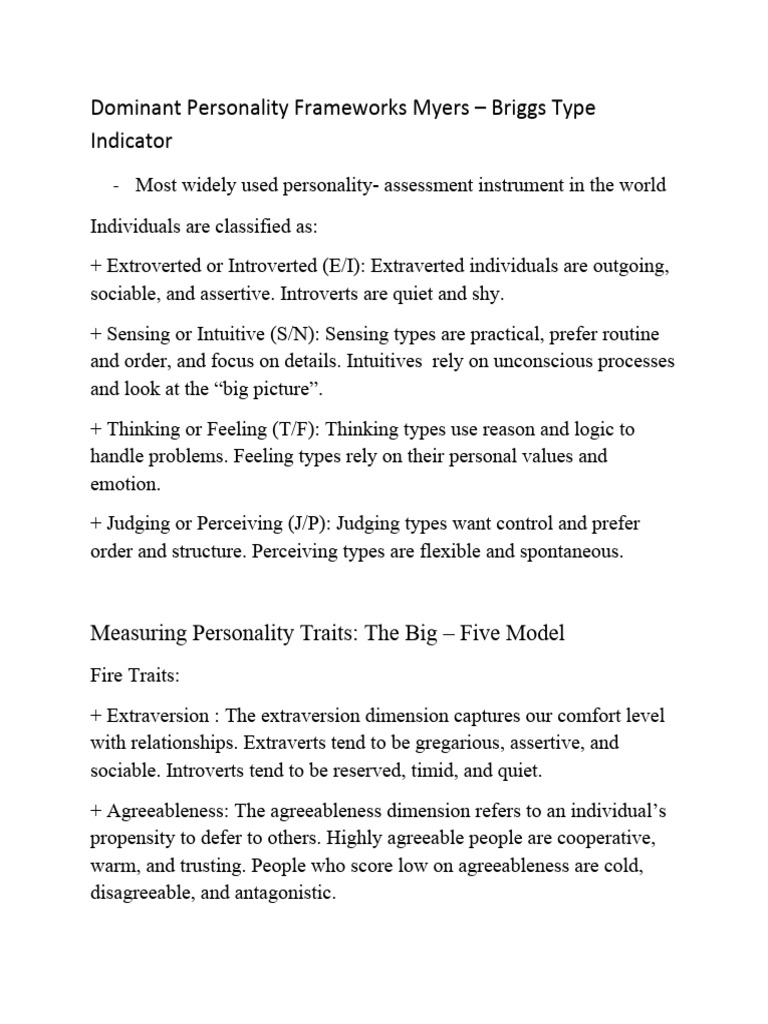 Dominant Personality Frameworks Myers - Briggs Type Indicator | PDF
