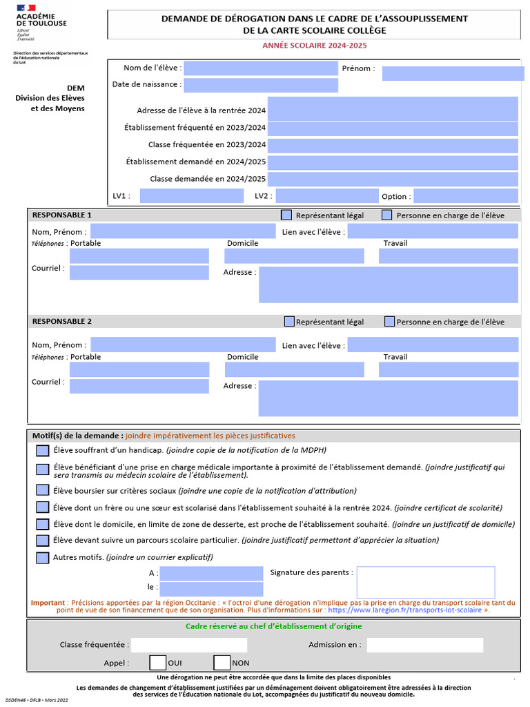 Formulaire de Demande de D Rogation en Classe de 5 Me 4 Me 3 Me 48692 | PDF