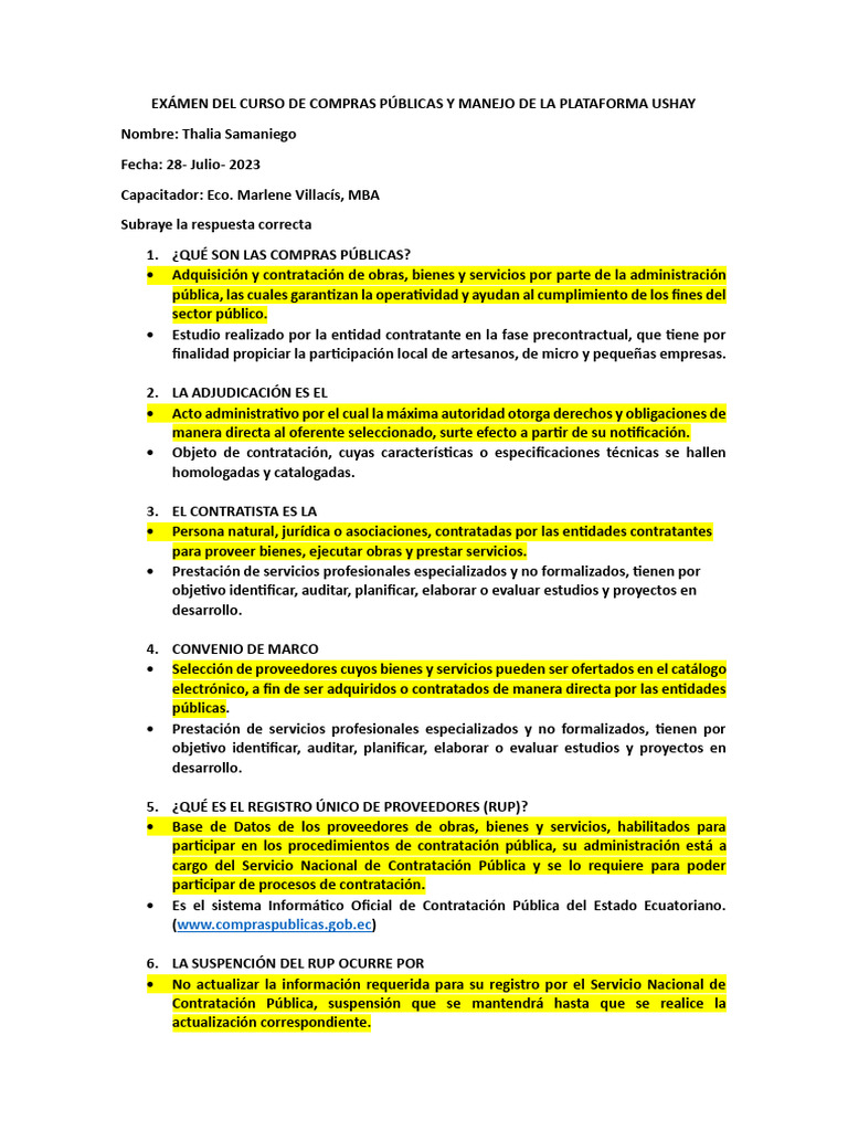 Exámen Del Curso de Compras Públicas y Manejo de La Plataforma Ushay ...