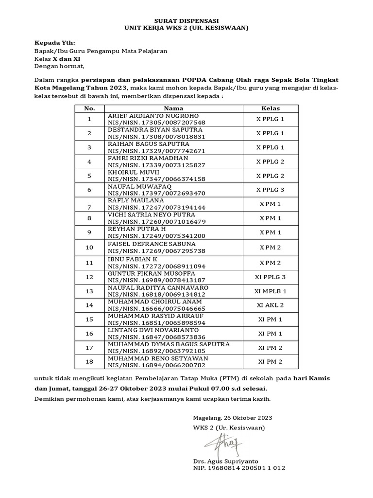 Dispensasi Siswa untuk POPDA | PDF