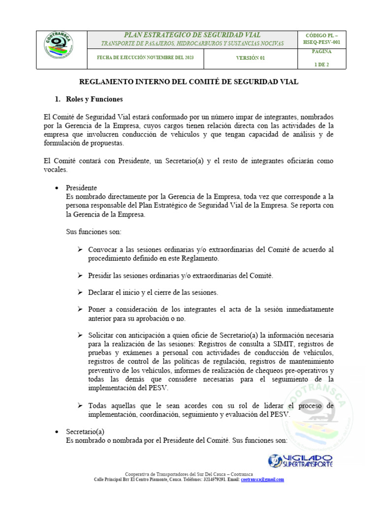 Anexo 2. Reglamento Del Comité de Seguridad Vial | PDF | Planificación estratégica | Business