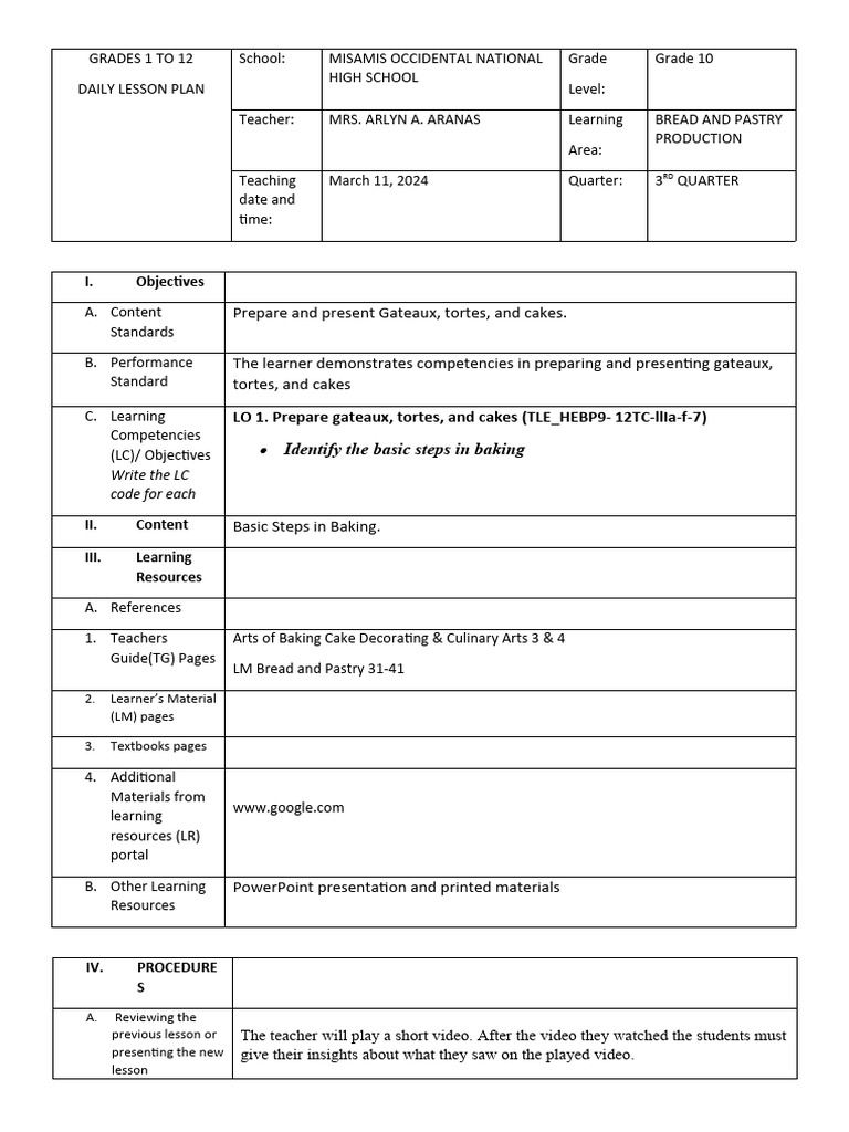Grade 10 Baking Lesson Plan | PDF | Cakes | Baking