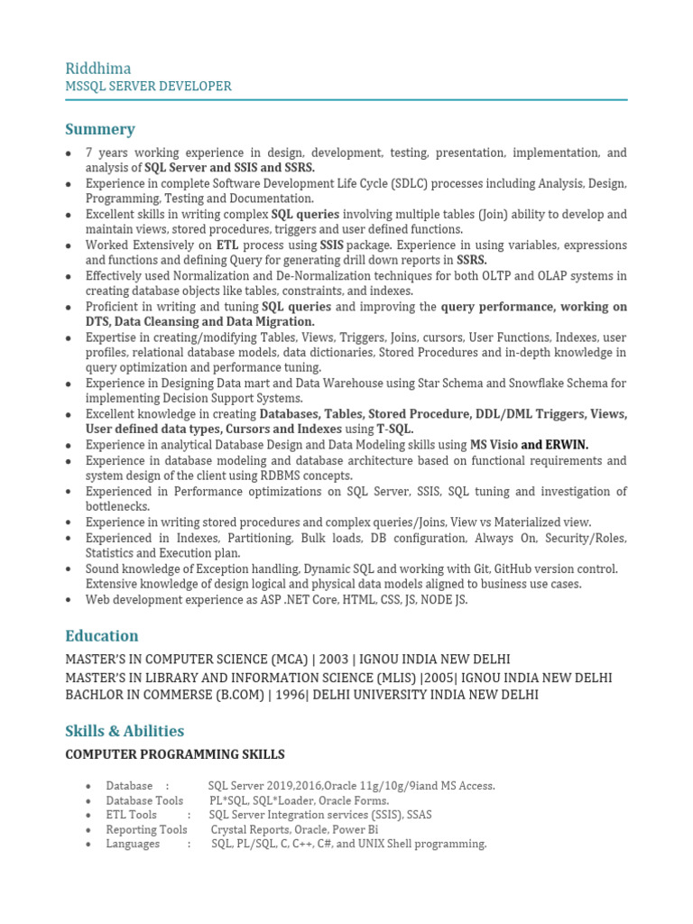 7 Years Experience MSSQL Developer Resume | PDF | Microsoft Sql Server | Databases