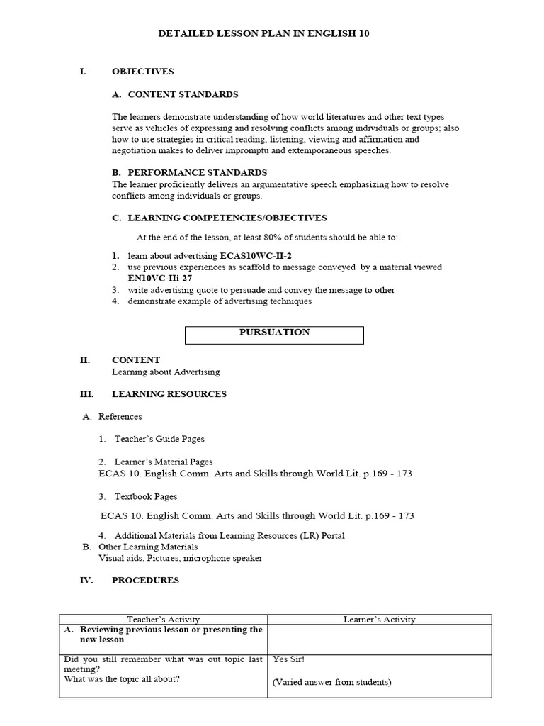 DETAILED LESSON PLAN IN ENG10 | PDF | Lesson Plan | Advertising