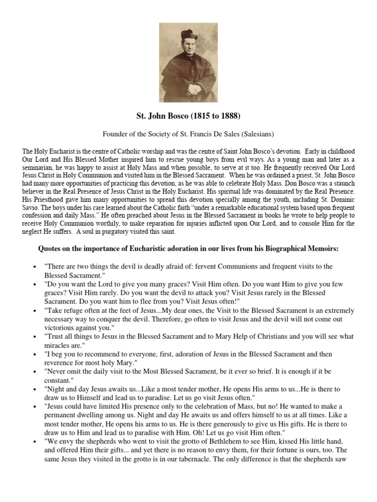 St. John Bosco on Eucharistic Devotion | PDF | Eucharist | Jesus