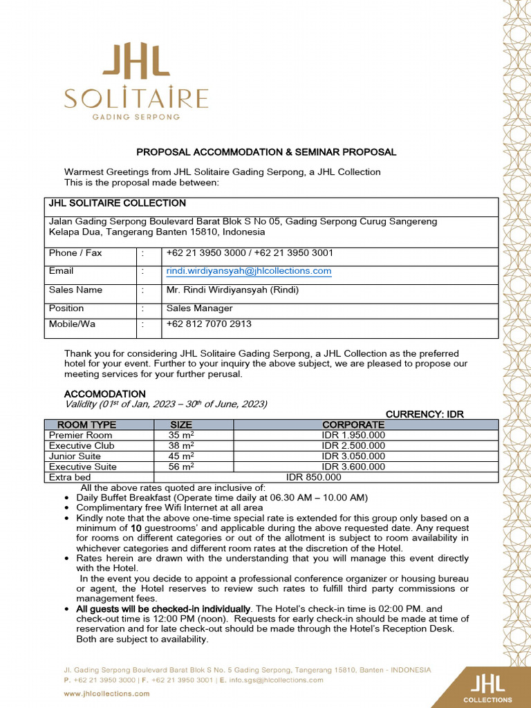 JHL Solitaire Seminar & Accommodation Proposal | PDF | Buffet