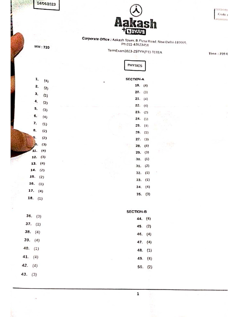 Aakash TE 01 (TYM 2025) Key | PDF