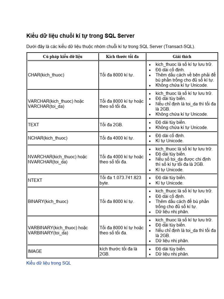 Kiểu dữ liệu chuỗi kí tự trong SQL Server | PDF