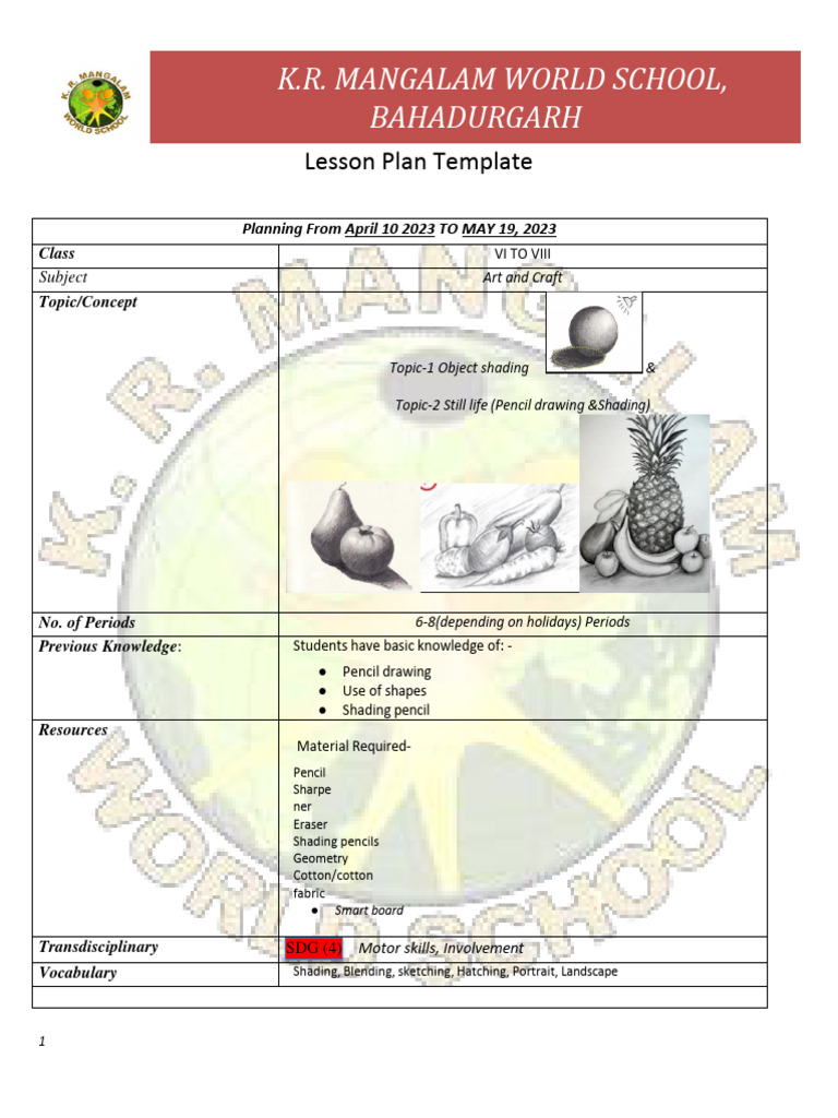 Art Lesson Plan Class 6 April And May Pdf