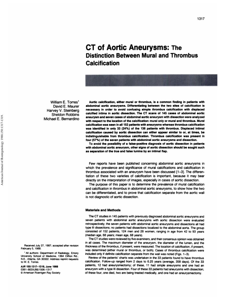 Mural and Thrombus Calcification Aortic Aneurysms | PDF
