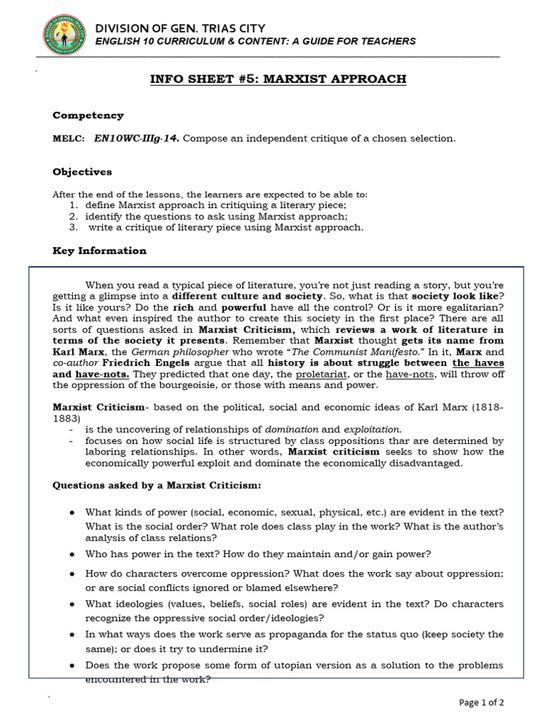 INFO-SHEET-G10-Q3_LESSON-5_MARXIST-APPROACH-1 | PDF | The Hunger Games ...