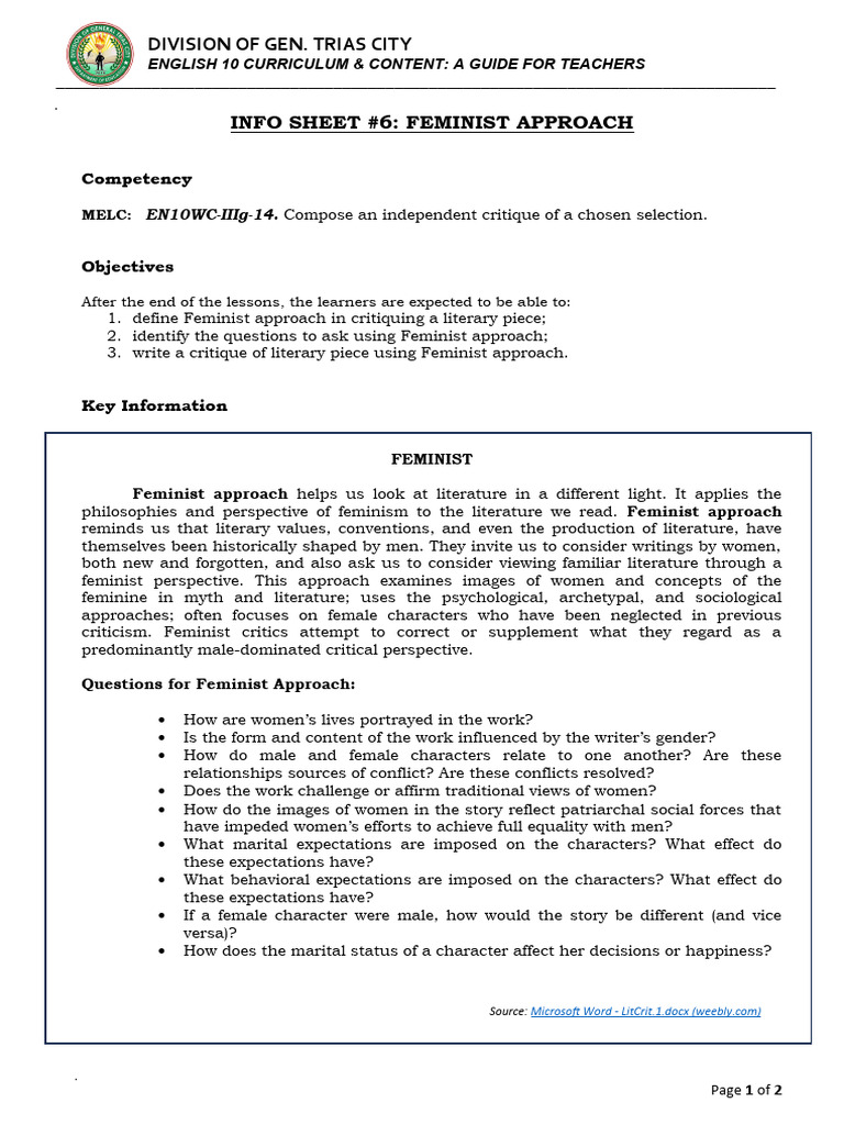 Info Sheet G10 Q3 - Lesson 6 - Feminist Approach 1 | PDF
