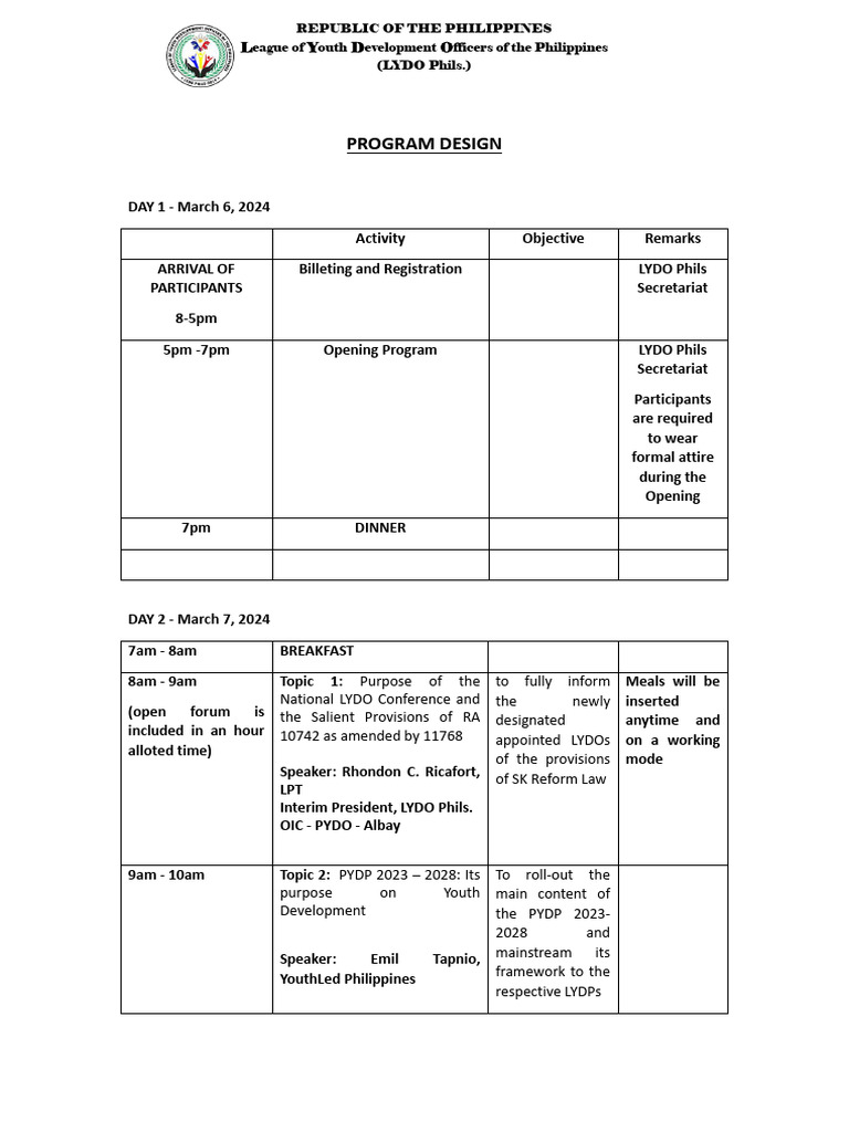 LYDO 2024 Training Design | PDF | Government | Philippines