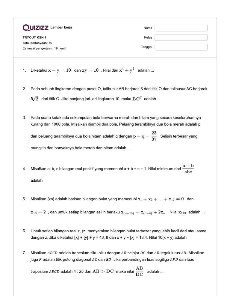 TRYOUT KSN 1 - Quizizz | PDF