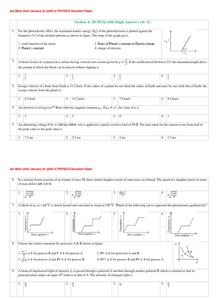Jee Main 2024 January 30 (Shift 2) PHYSICS QP | PDF | Photoelectric Effect | Electrical ...