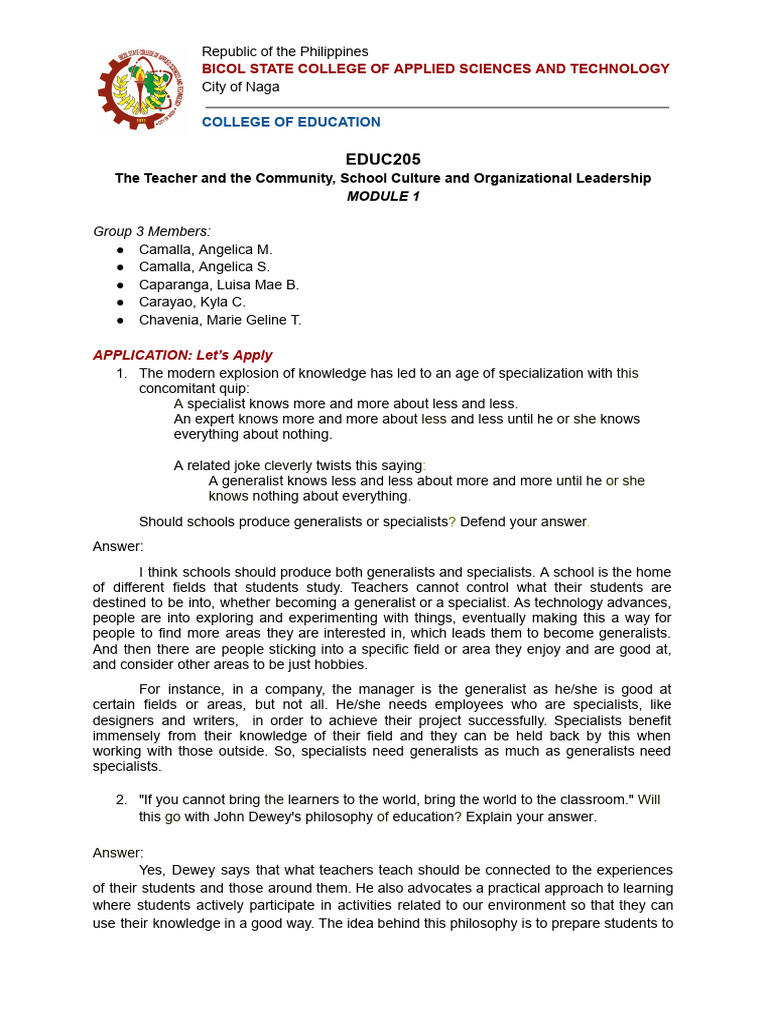 Module 1 - Group 3 - Educ205 | PDF | Philosophy Of Education | Pedagogy