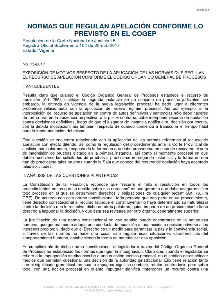 Normas sobre Apelación COGEP 15-2017 | PDF | Apelación | Ley procesal