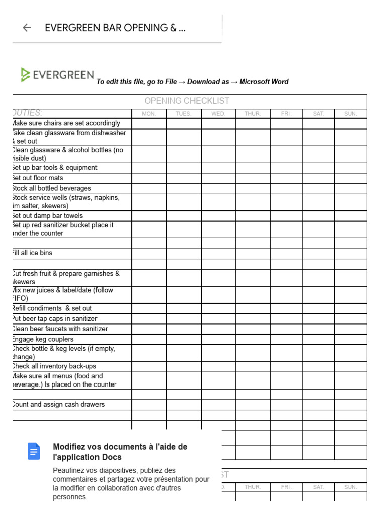 Evergreen Bar Opening & Closing Checklist | PDF | Cooking, Food & Wine ...