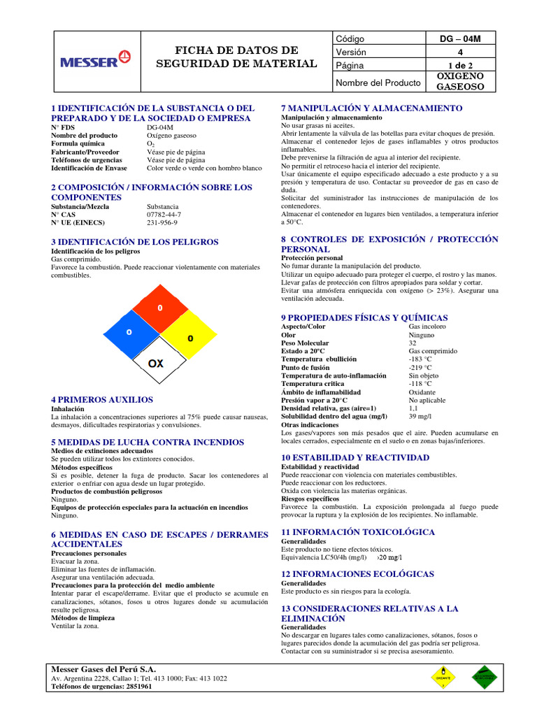 Ficha de Seguridad del Oxígeno Gaseoso | PDF | Oxígeno | Agua