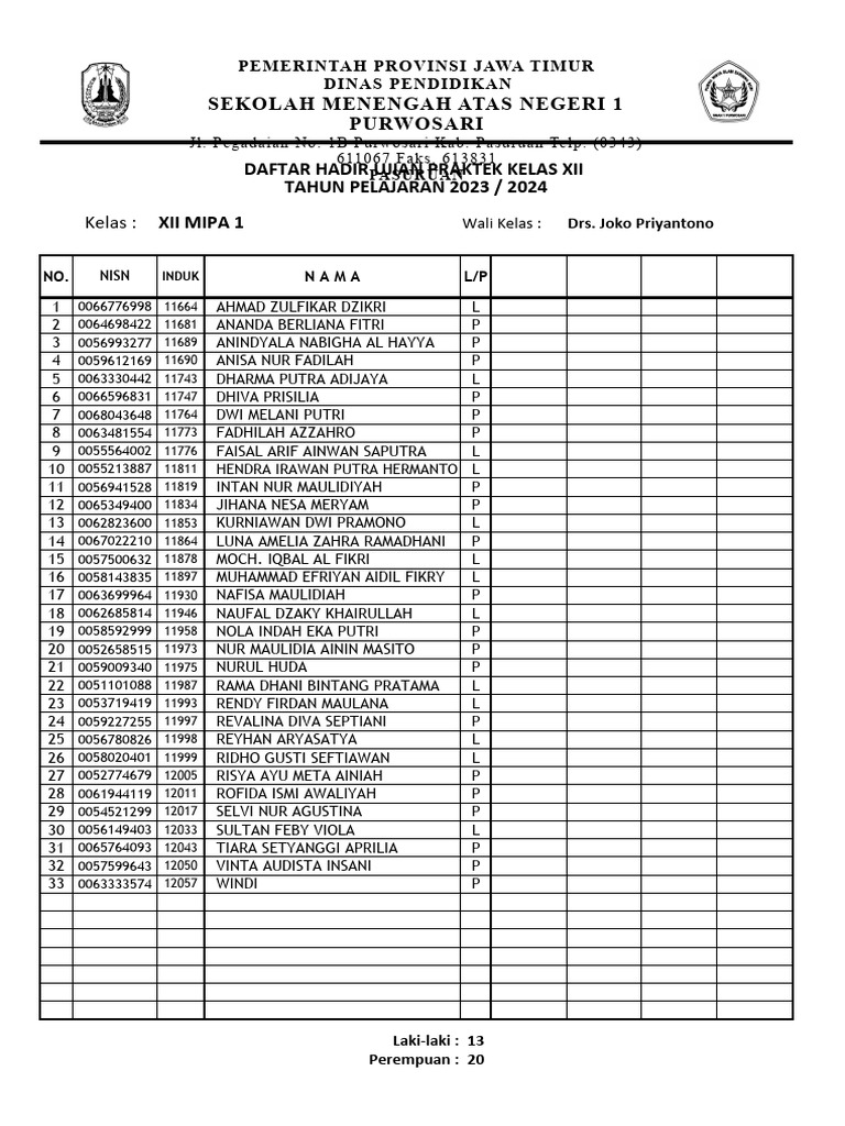 Presensi Ujian Praktek 2024 SGR | PDF