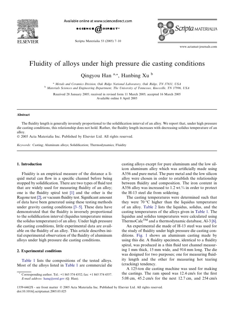 fluidity of alloys under high pressure die casting conditions | PDF