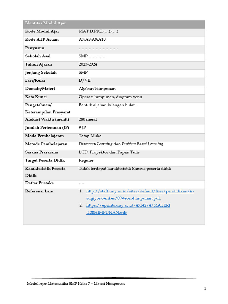 Modul Ajar 7 Himpunan MGMP MAT-1 | PDF