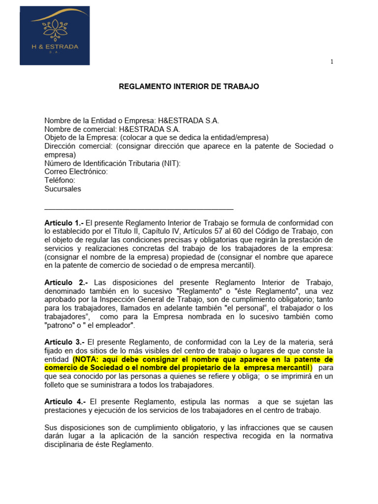 Modelo de REGLAMENTO - INTERIOR - DE - TRABAJO | PDF | Salario ...