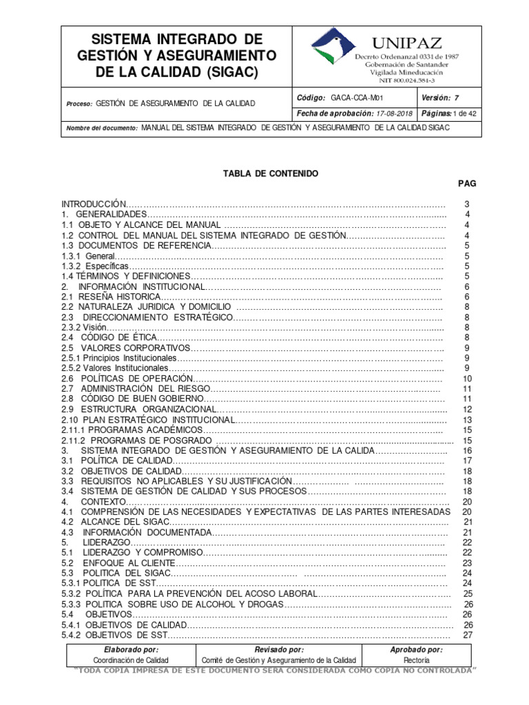 Manual SIGAC: Gestión de Calidad UNIPAZ | PDF | Calidad (comercial ...