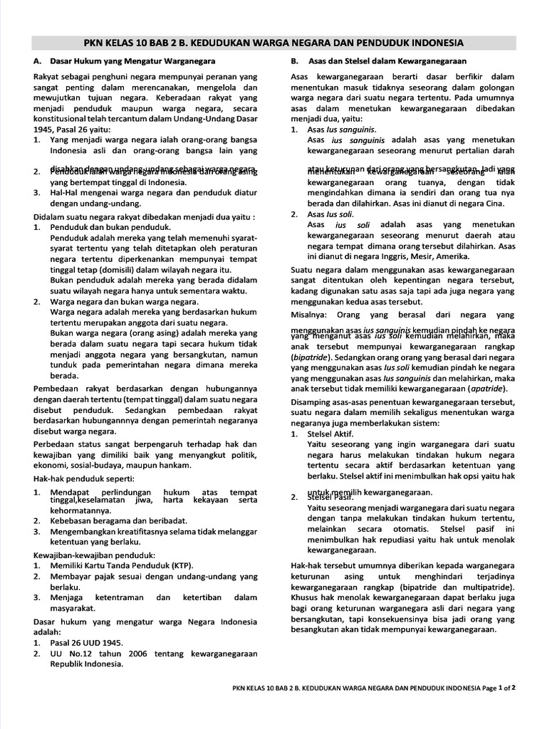 PDF Materi PKN Kelas 10 Bab 2b Kedudukan Warga Negara Dan Penduduk ...