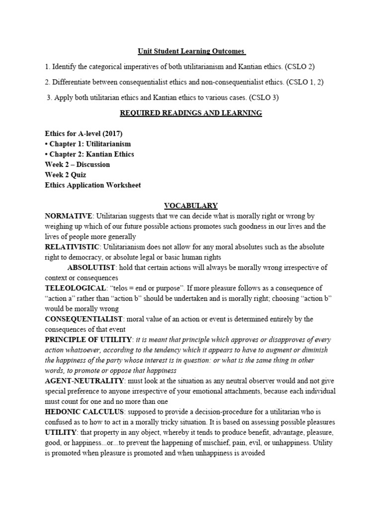 PHL 2205 Unit 2 Study Guide | PDF | Utilitarianism | Pleasure