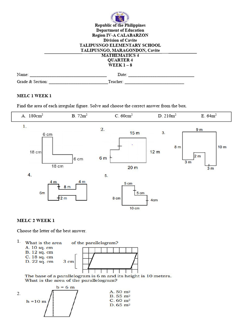 Q4 WT in Math 4 Week 1-8 | PDF | Area | Volume