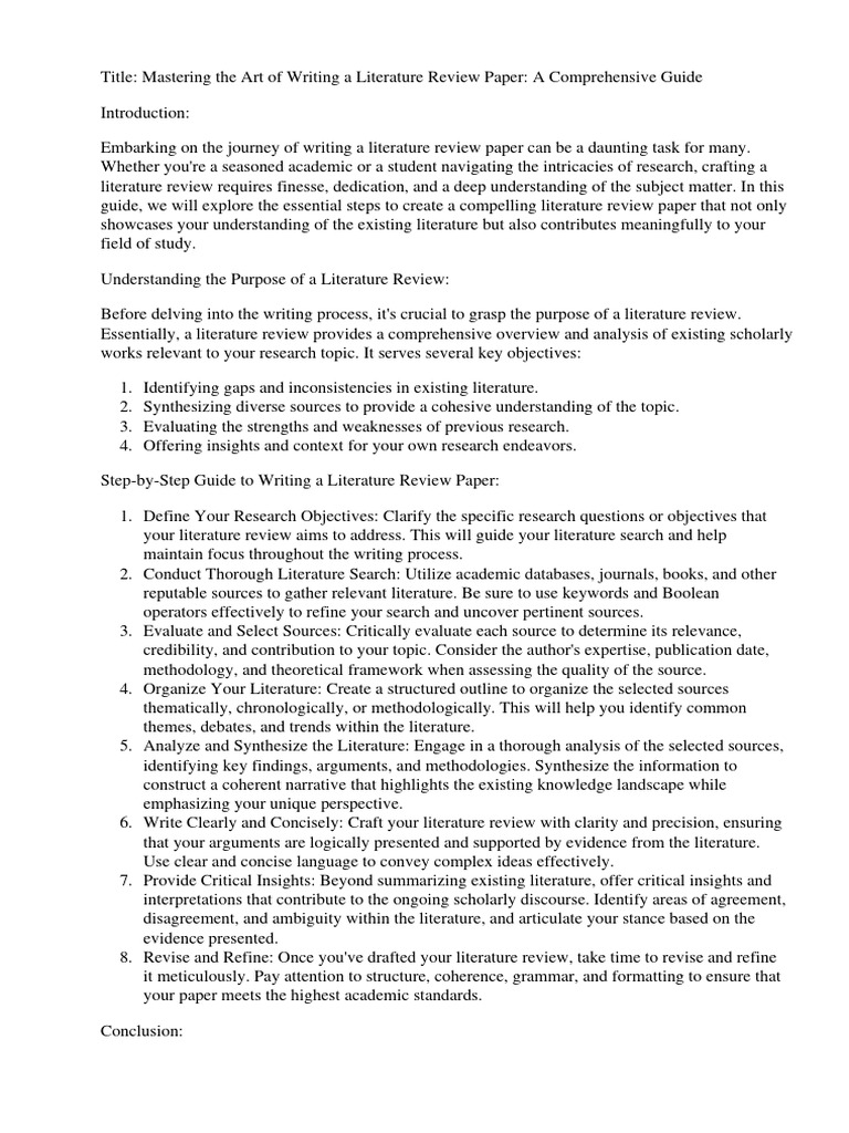How To Write A Literature Review Paper Sample | PDF
