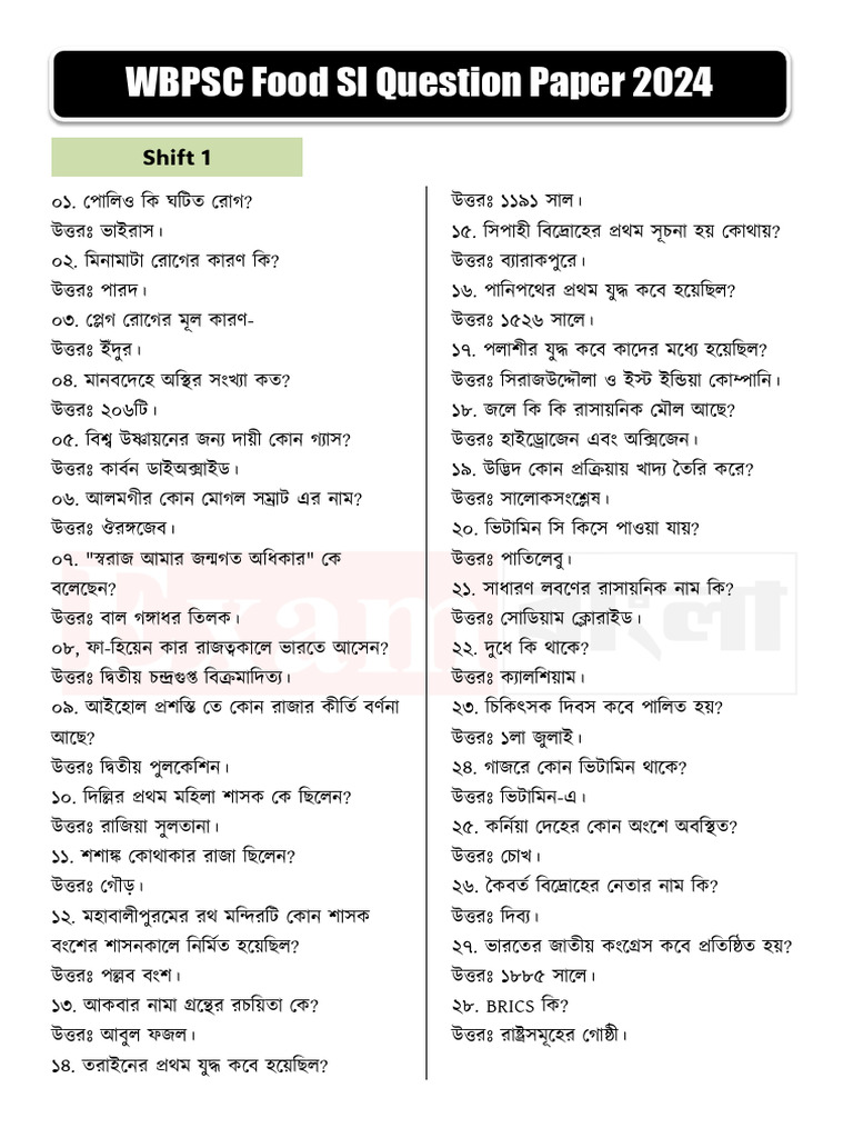 WBPSC Food SI Question Paper 2024 | PDF