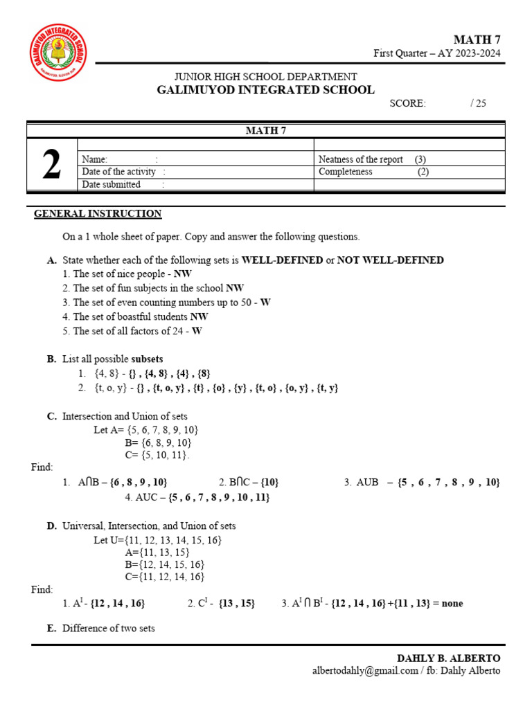 Math 7 Sets Activity Guide | PDF | Teaching Methods & Materials