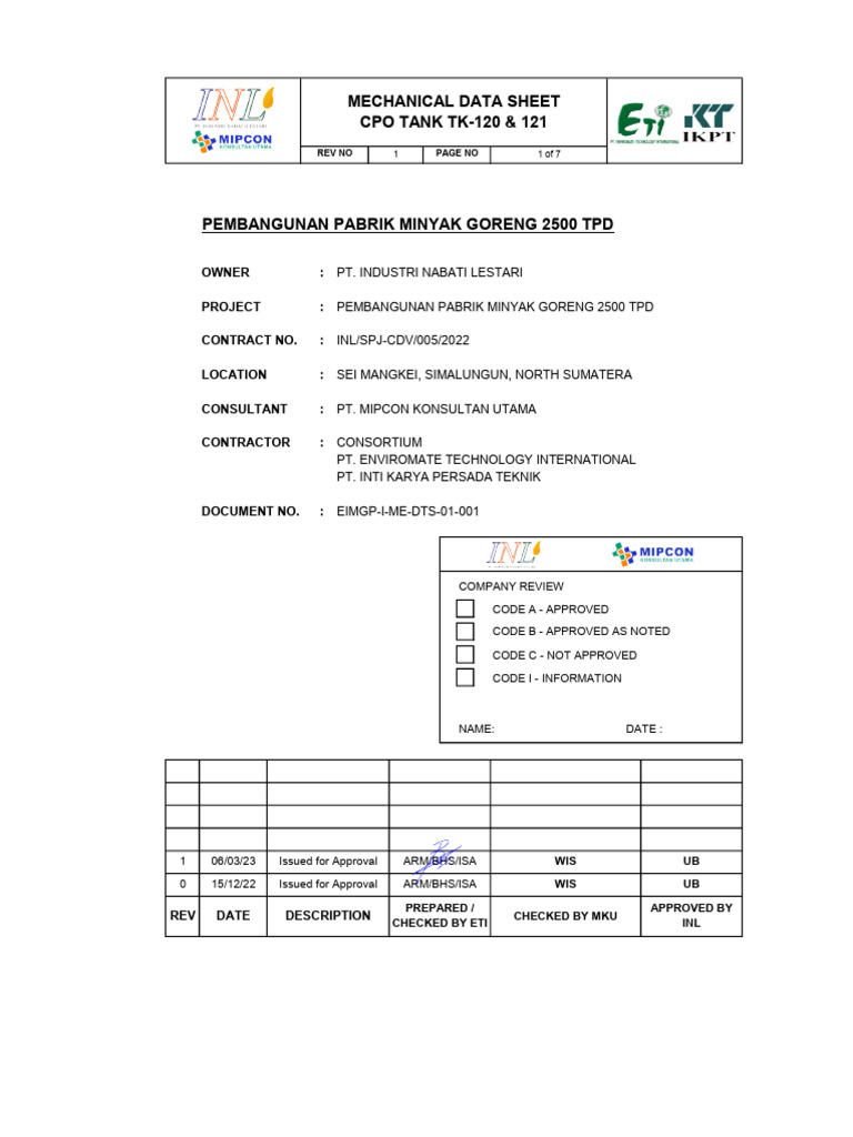 EIMGP-I-ME-DTS-01-001 R.1 Mechanical Data Sheet CPO Tank (TK-120-121) | PDF | Pipe (Fluid ...