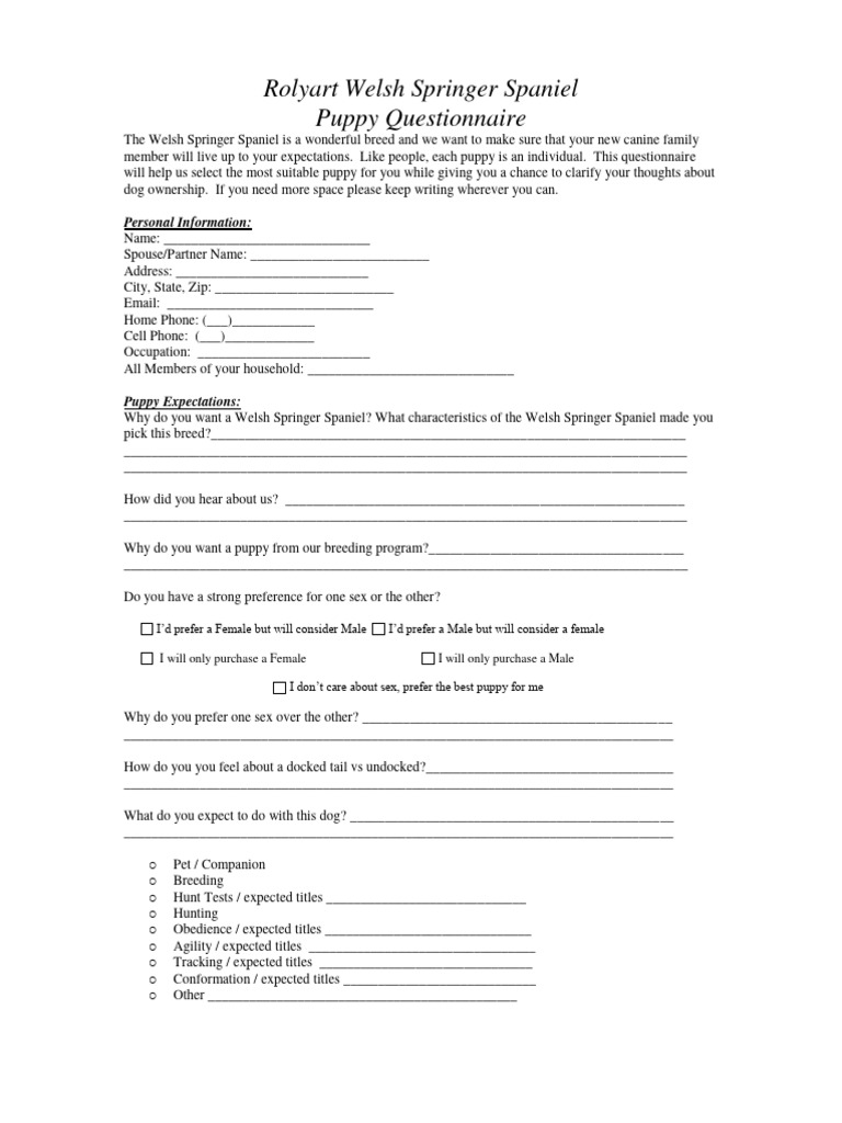 Rolyart Welsh Springer Spaniel Questionnaire | PDF | American Kennel ...