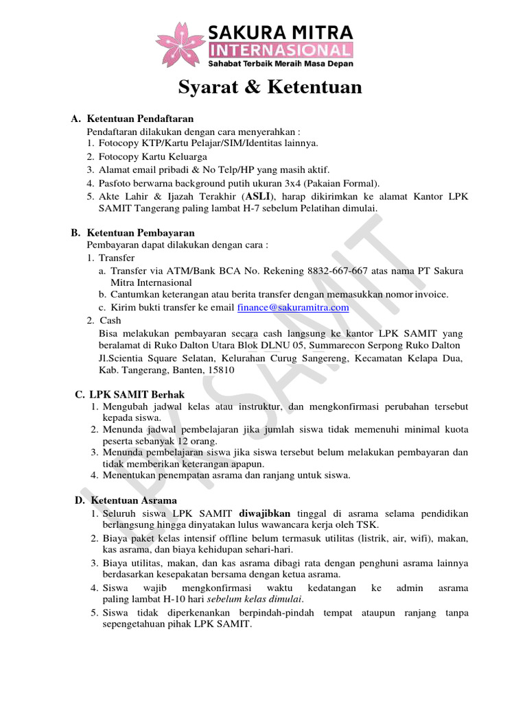 Syarat & Ketentuan LPK SAMIT Th. 2023 (Terbaru) | PDF