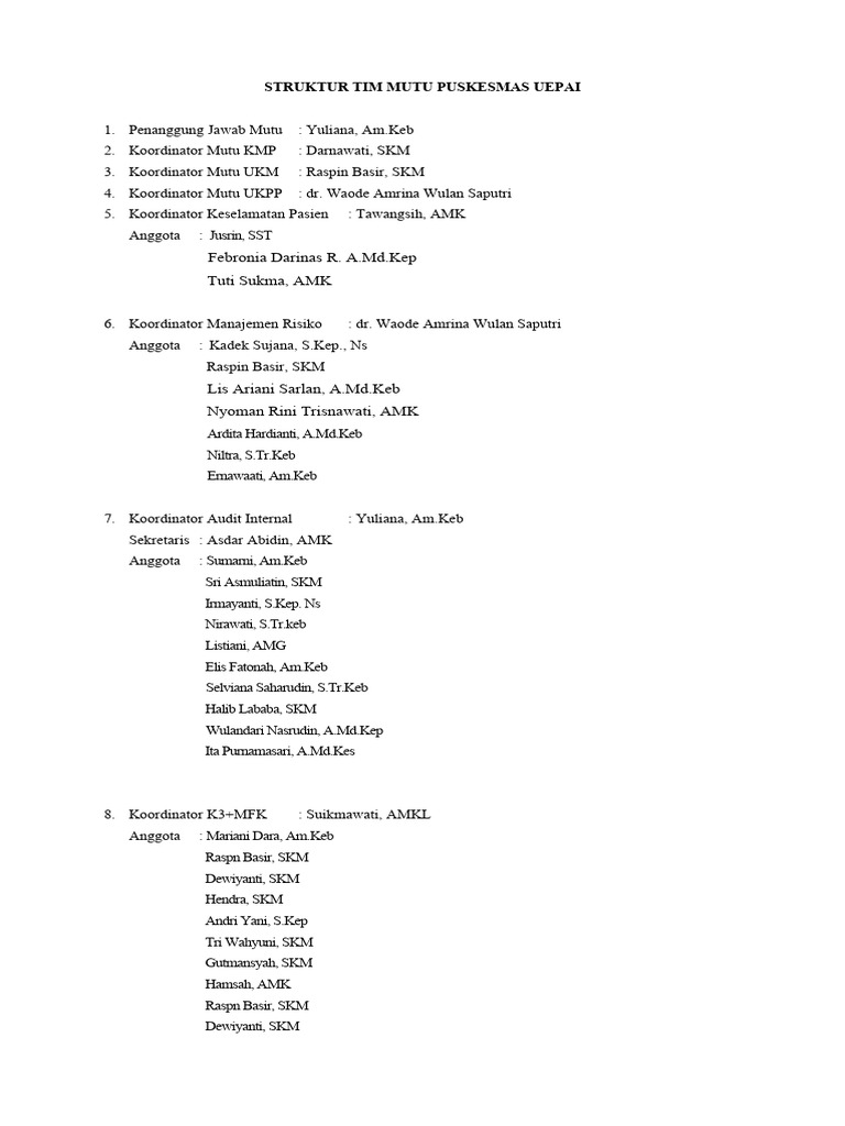 Struktur Tim Mutu Puskesmas Uepai | PDF
