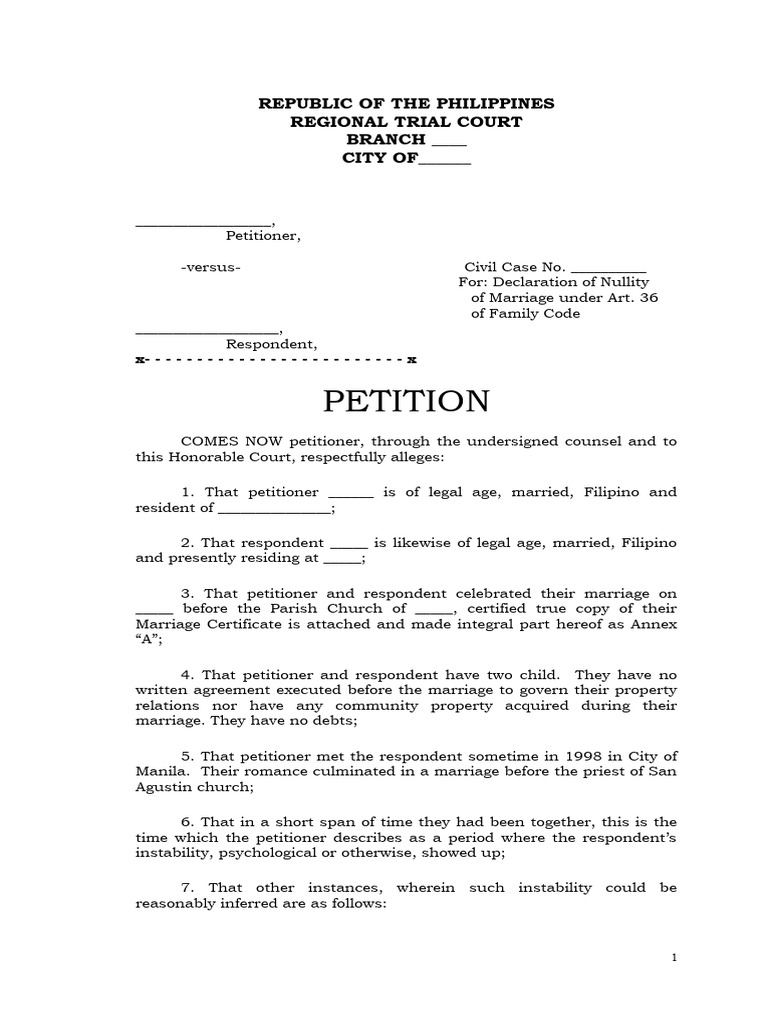 Sample Petition For Annulment | PDF | Annulment | Justice
