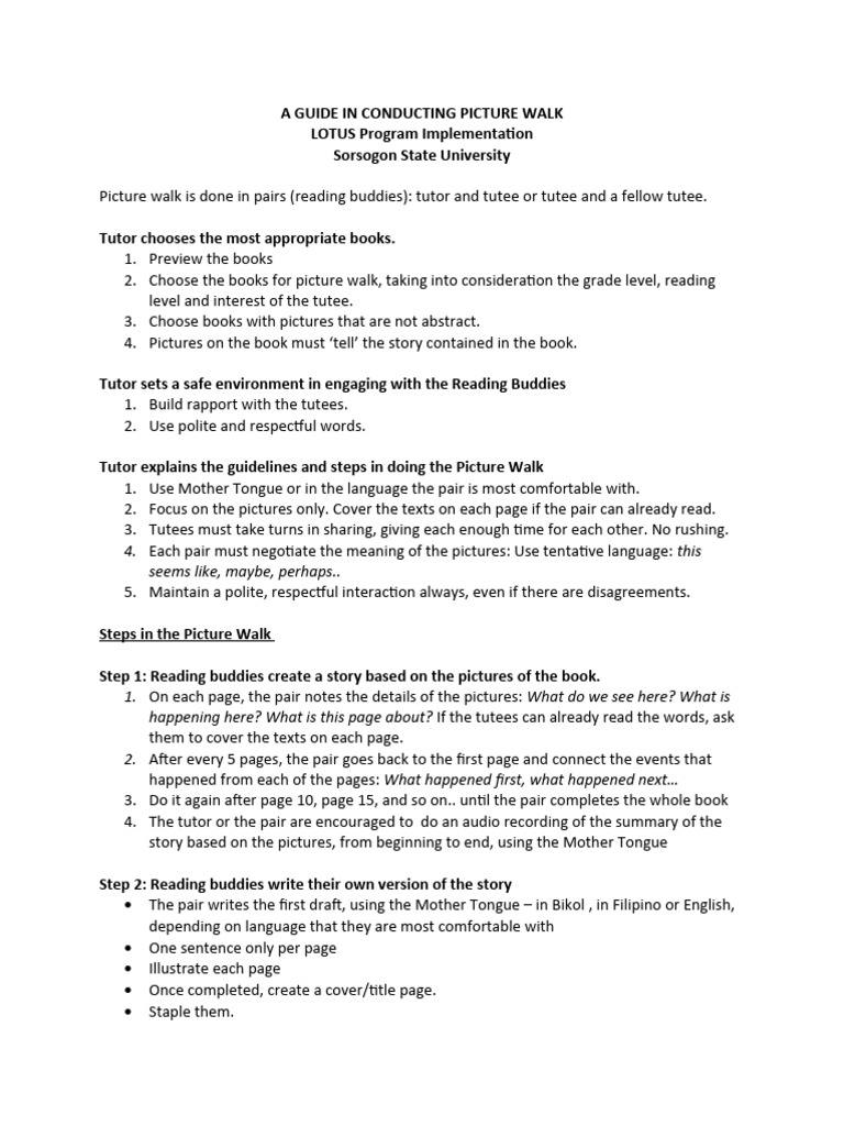 Version 2 - STEPS IN CONDUCTING PICTURE WALK | PDF | Books | Cognitive ...
