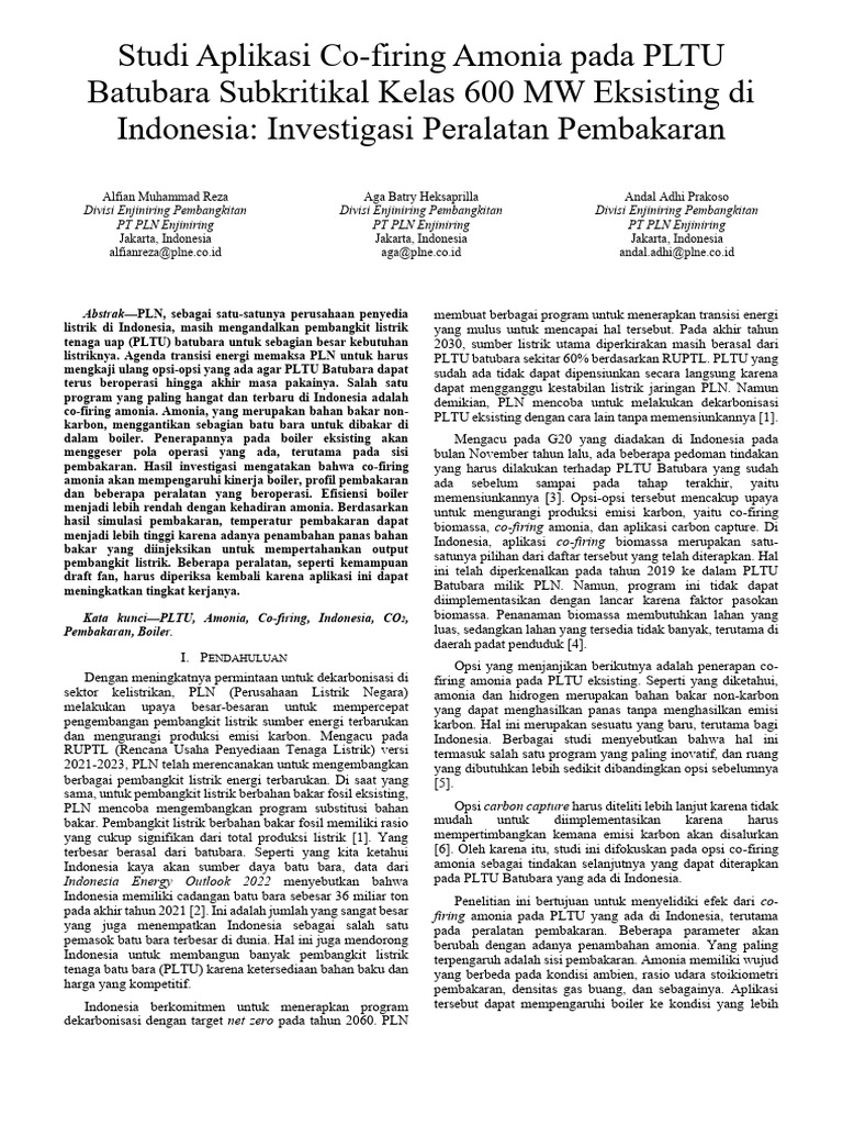 PLN - 26 Studi Aplikasi Co-Firing Amonia Pada PLTU Batubara Subkritikal Kelas 600 MW Eksisting ...