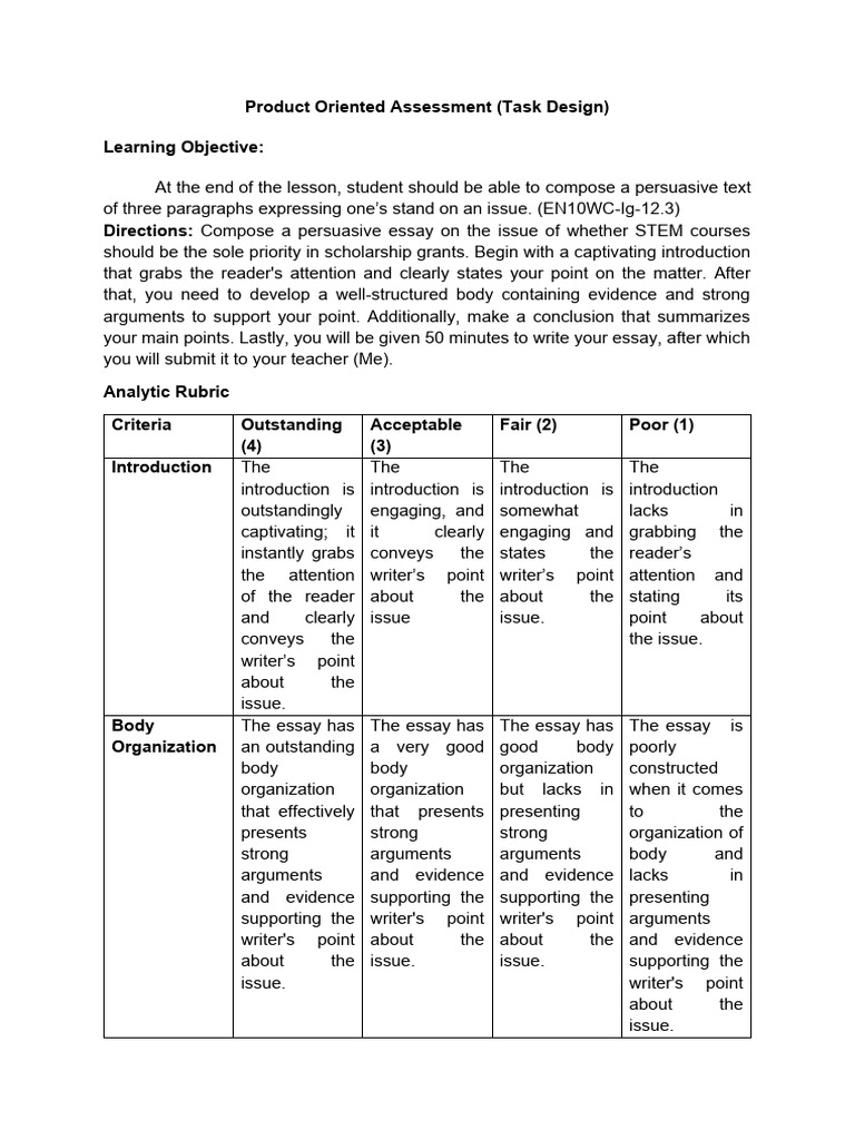 EDUC 108 Product Oriented Assessment | PDF | Argument | Essays