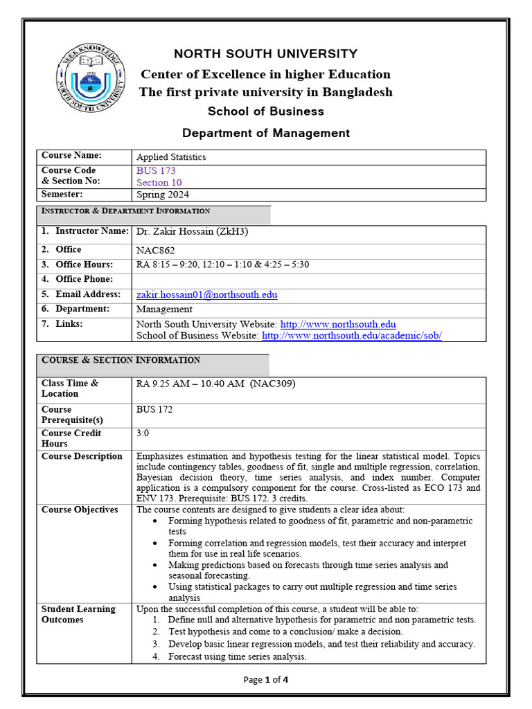BUS173.10 Course Outline Spring 2024 ZkH3 | PDF | Statistics | Time Series